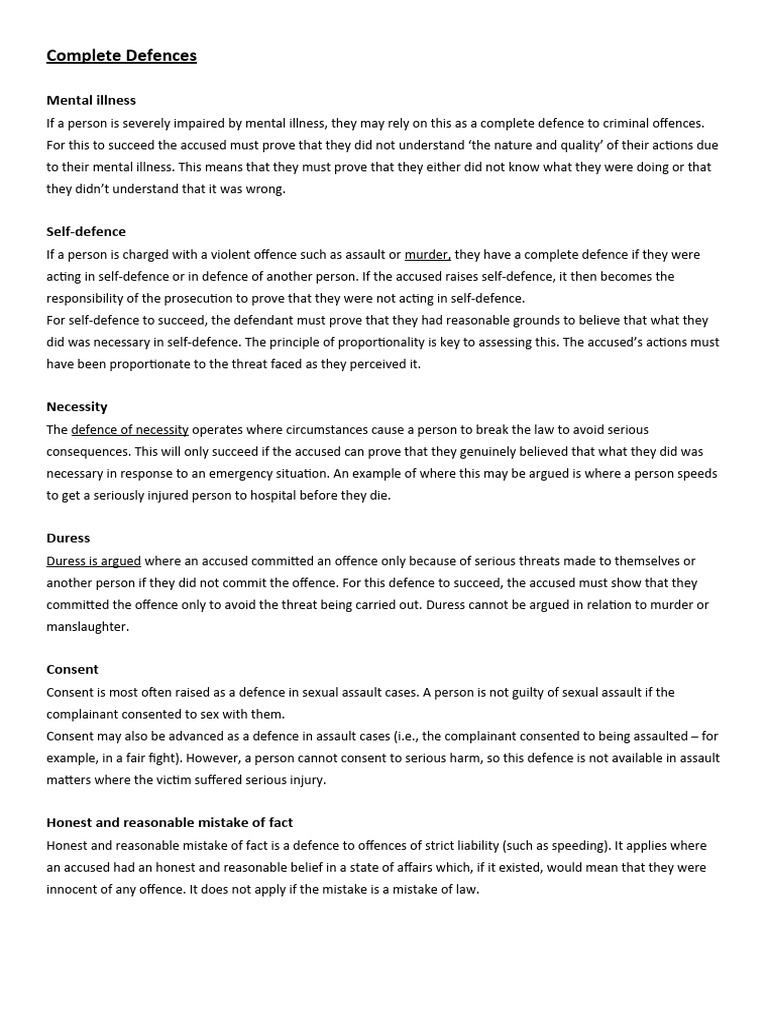 HSC Legal - Criminal Defences Summary | PDF | Assault | Intention ...