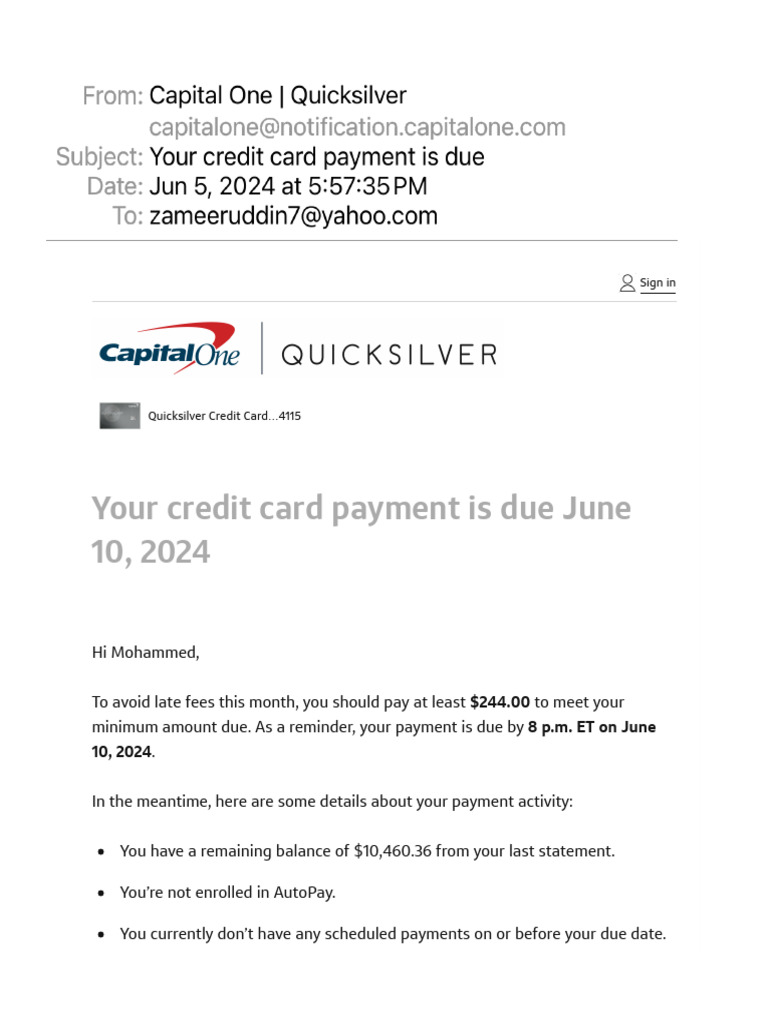 Quicksilver Card Payment Due Reminder | PDF | Capital One | Credit Card