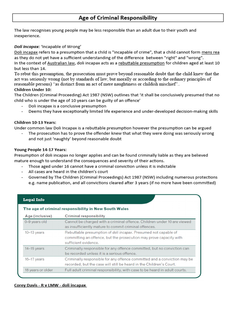 HSC Legal - Age of Criminal Responsibility Notes | PDF | Intention ...