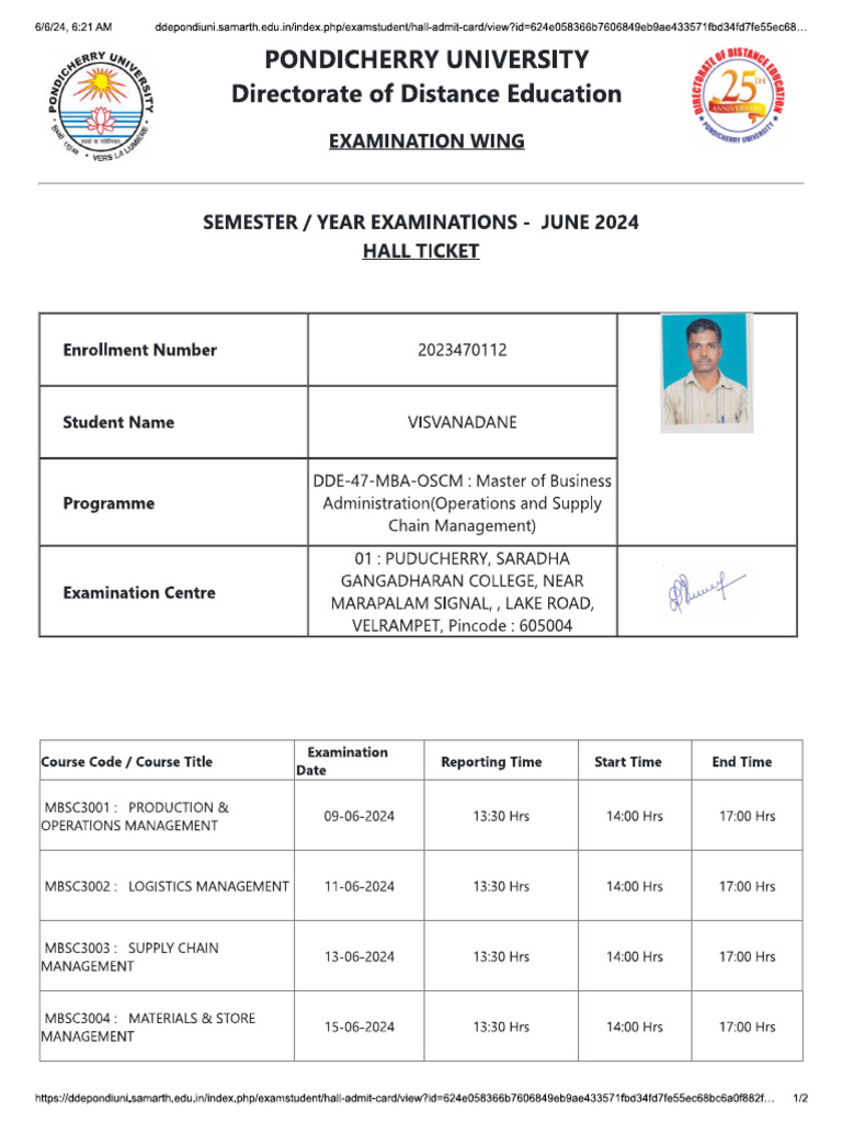 Hall Ticket Sem 3 Mab | PDF