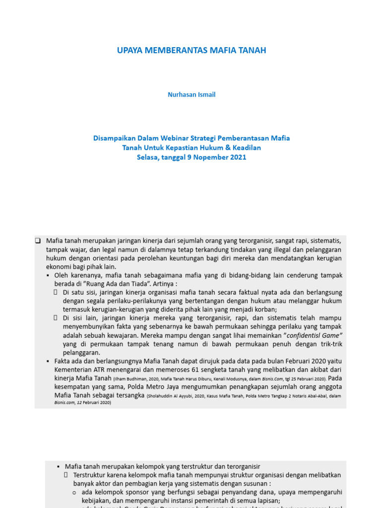 Materi Webinar - NURHASAN ISMAIL 2021 - Upaya Memberantas Mafia Tanah | PDF