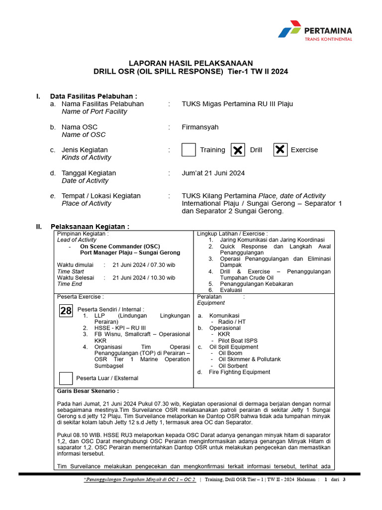Laporan Pelaksanaan Drill OSR Tier-1 TW II - 21 Juni 2024 - 100543 | PDF