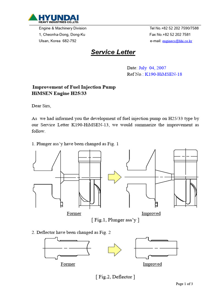 Service Letter: Improvement of Fuel Injection Pump Himsen Engine H25/33 ...