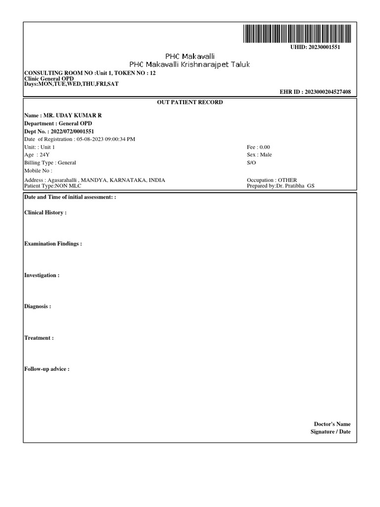 OPD Ticket Format for General Clinic | PDF