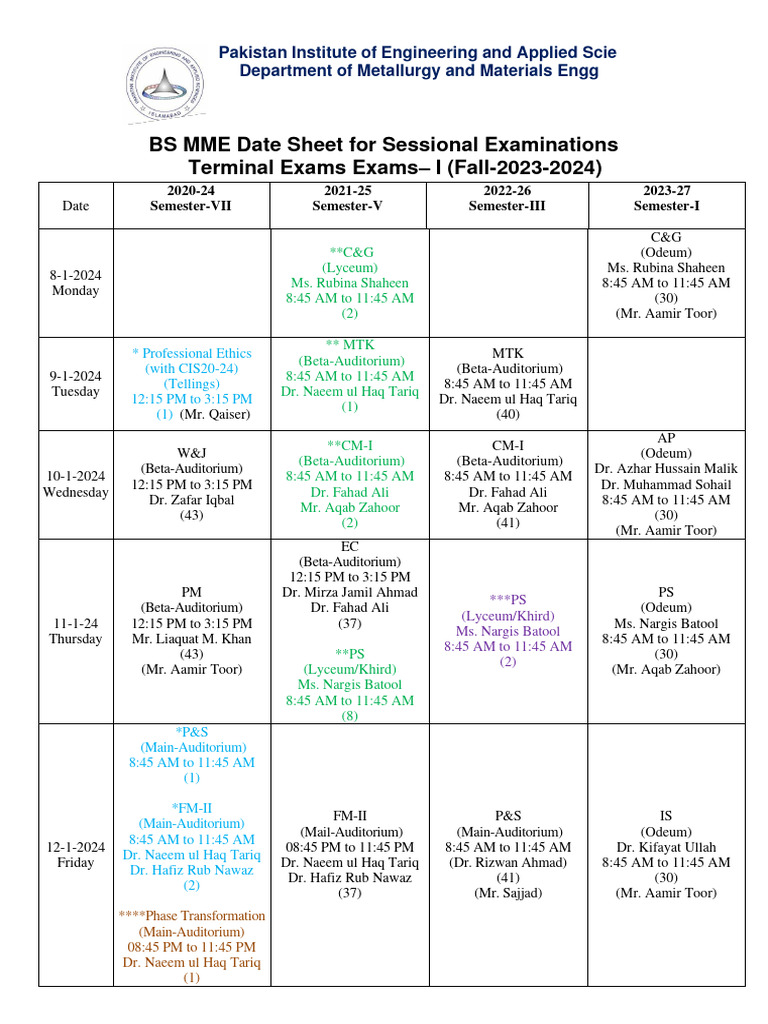 BS MME Fall 2023-2024 Exam Schedule | PDF | Pakistan | Politics Of Pakistan