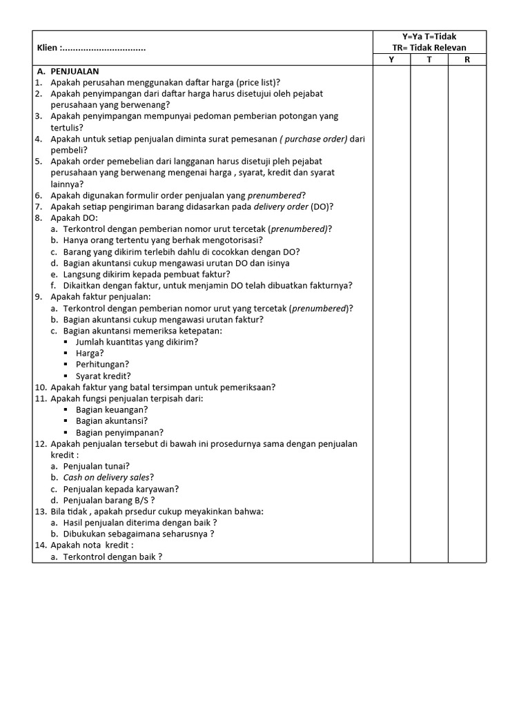 Kuesioner Pengujian Pengendalian Internal | PDF