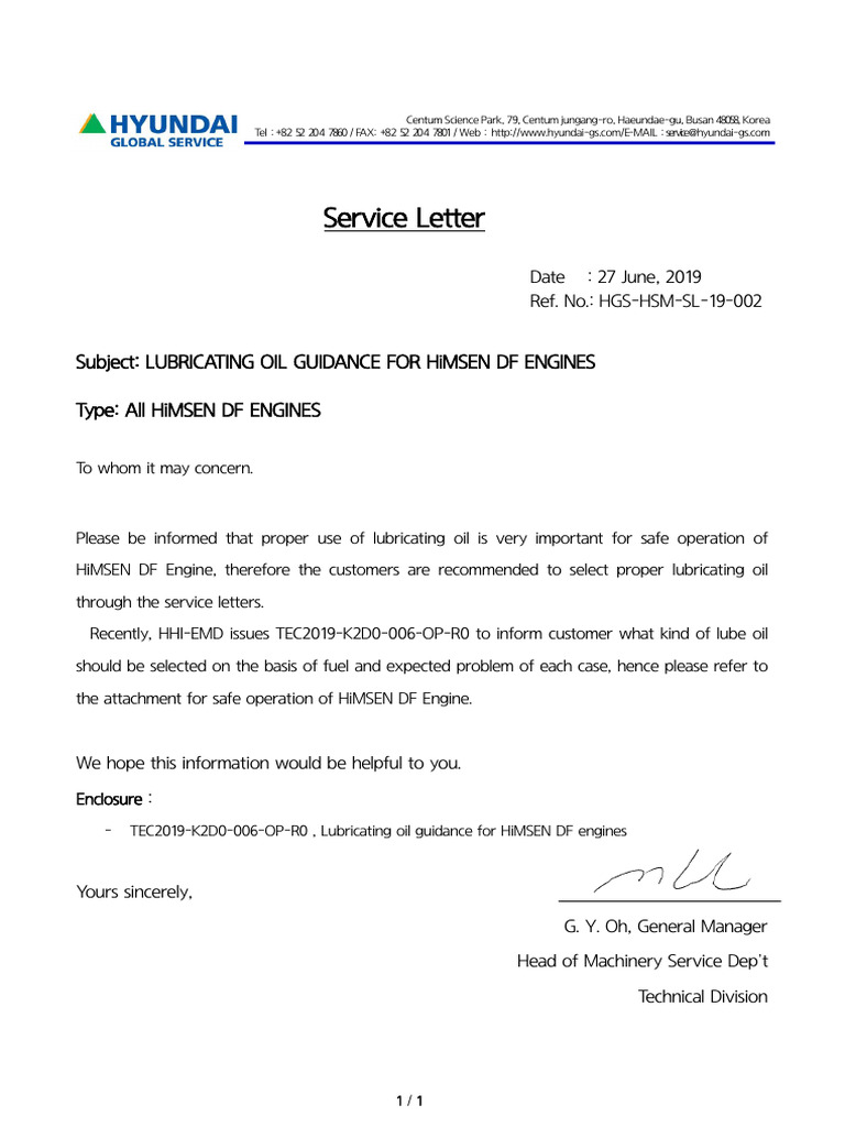 Service Letter: Subject: Lubricating Oil Guidance For Himsen DF Engines ...