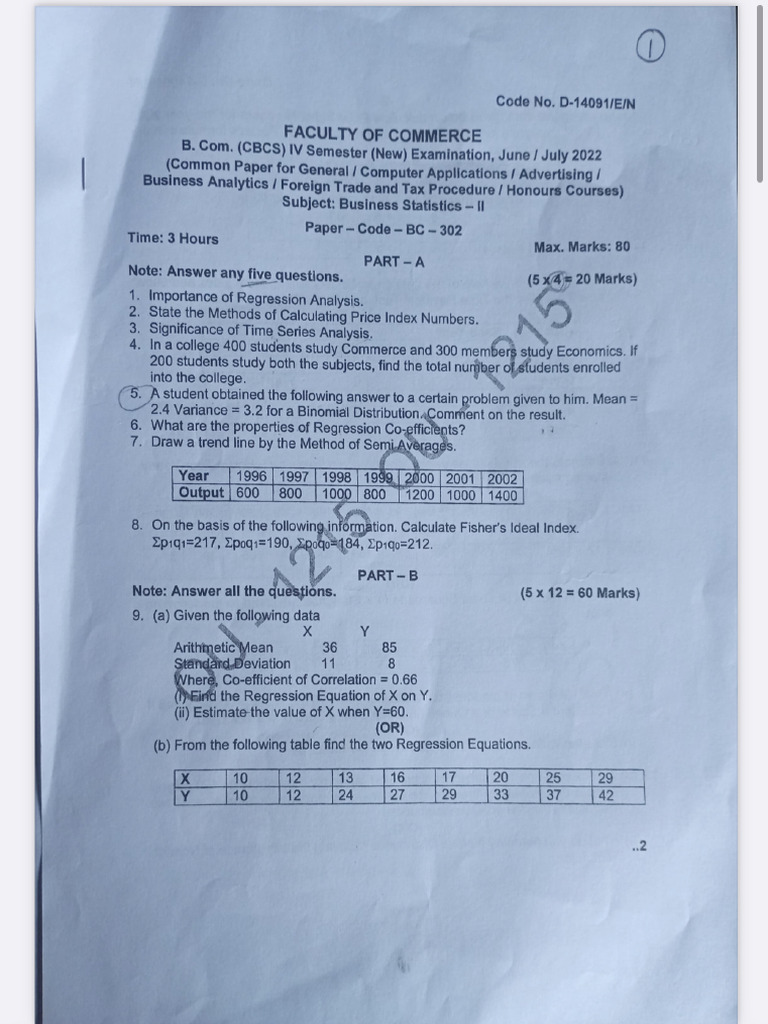 Business Statistics Model Paper | PDF
