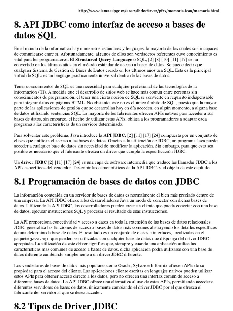 API JDBC Como Interfaz de Acceso A Bases de Datos SQL | PDF | Java (lenguaje de programación) | SQL
