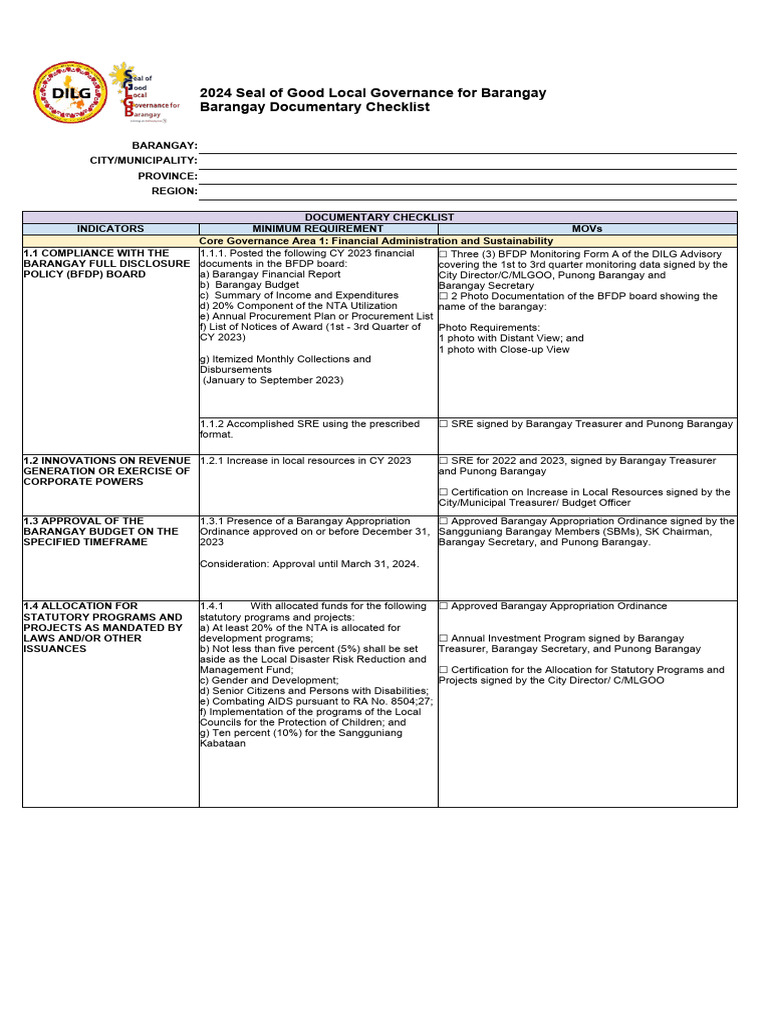 2024 SGLGB Barangay Compliance Checklist | PDF | Waste | Risk