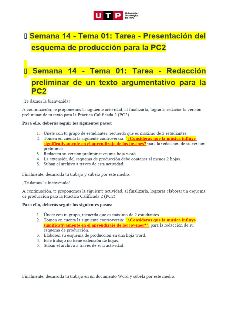 ? Semana 14 - Tema 01 Tarea - Redacción Preliminar de Un Texto Argumentativo para La PC2 ...