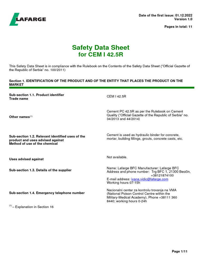 Msds Cem-I-42.5r Eng | PDF | Dermatitis | Personal Protective Equipment