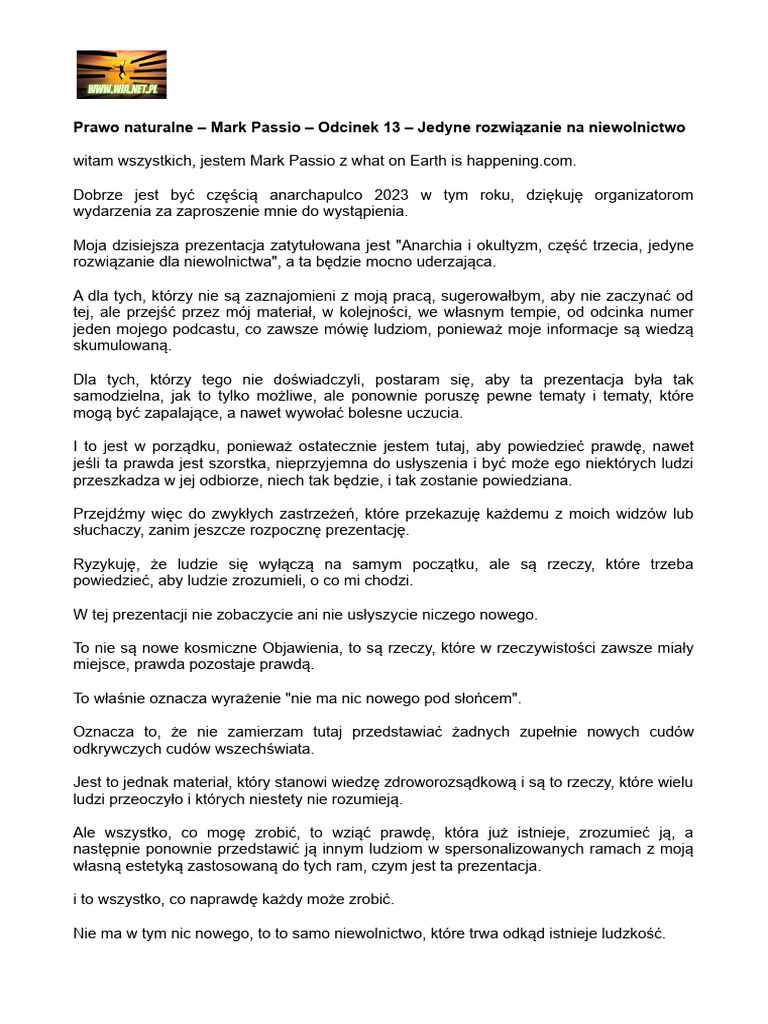 Mark Passio Anarchy & The Occult Part Iii The Only Solution To Slavery | PDF