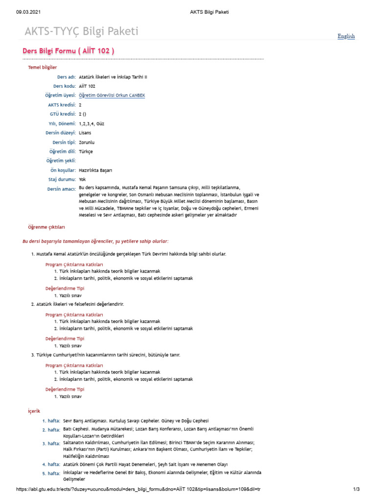 AKTS Bilgi Paketi-AİİT 102-1 | PDF