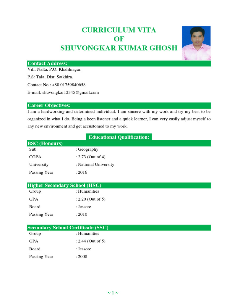 Curriculum Vita OF Shuvongkar Kumar Ghosh: Contact Address | PDF