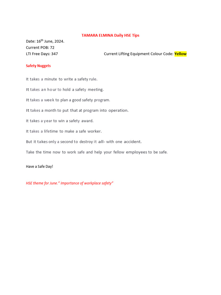 Daily HSE Tip For 16th June 2024 - Safety Nugget | PDF