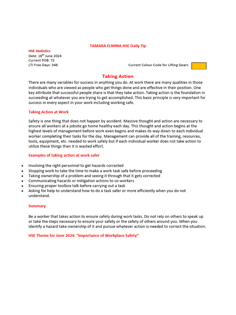 Daily HSE Tip For 18th June 2024 - Taking Action | PDF