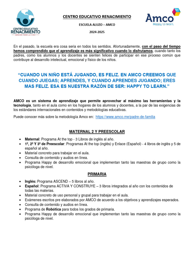 Circular AMCO para Nuevo Ingreso 2024-2025 MARZO | PDF | Educación de ...