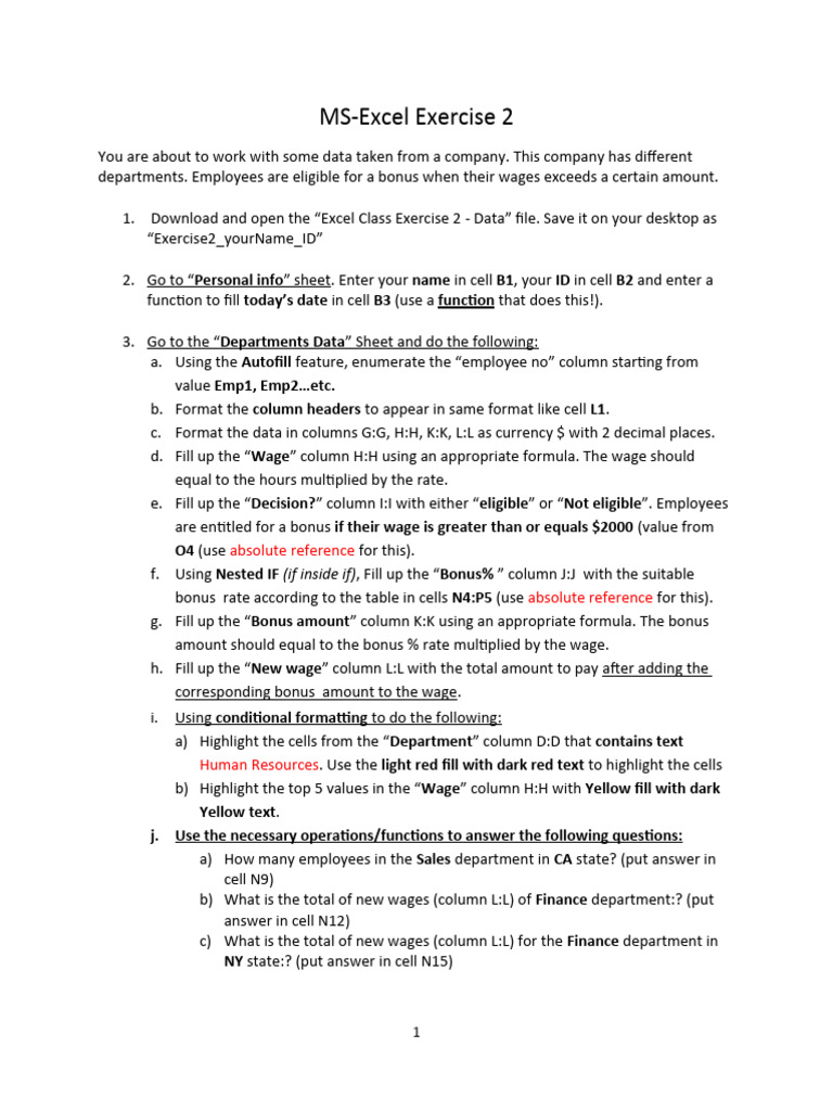 Excel Exercise 2 - Questions | PDF | Wage | Microsoft Excel