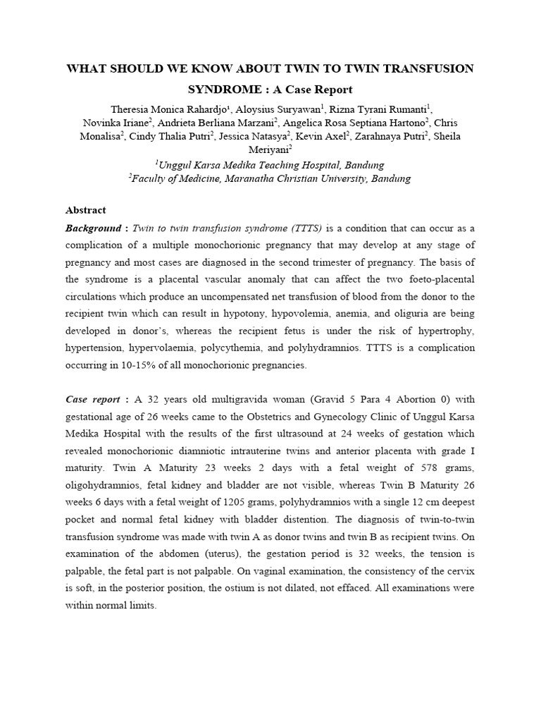 DBAA0DFE - Case Report What Should We Know About Twin-to-Twin Transfusion Syndrome | PDF | Twin ...