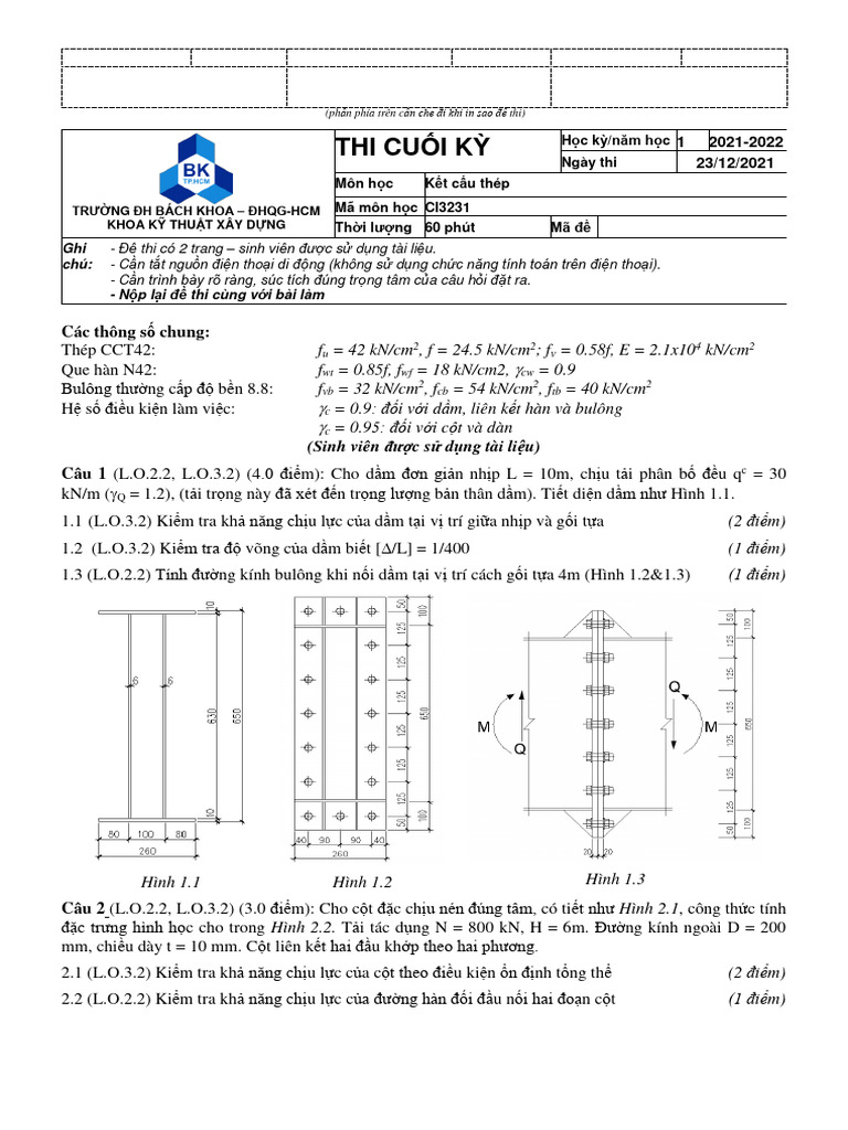 Final Test - Steel Structures 1 - (HK1-2021-2022) - ONLINE (60M) | PDF