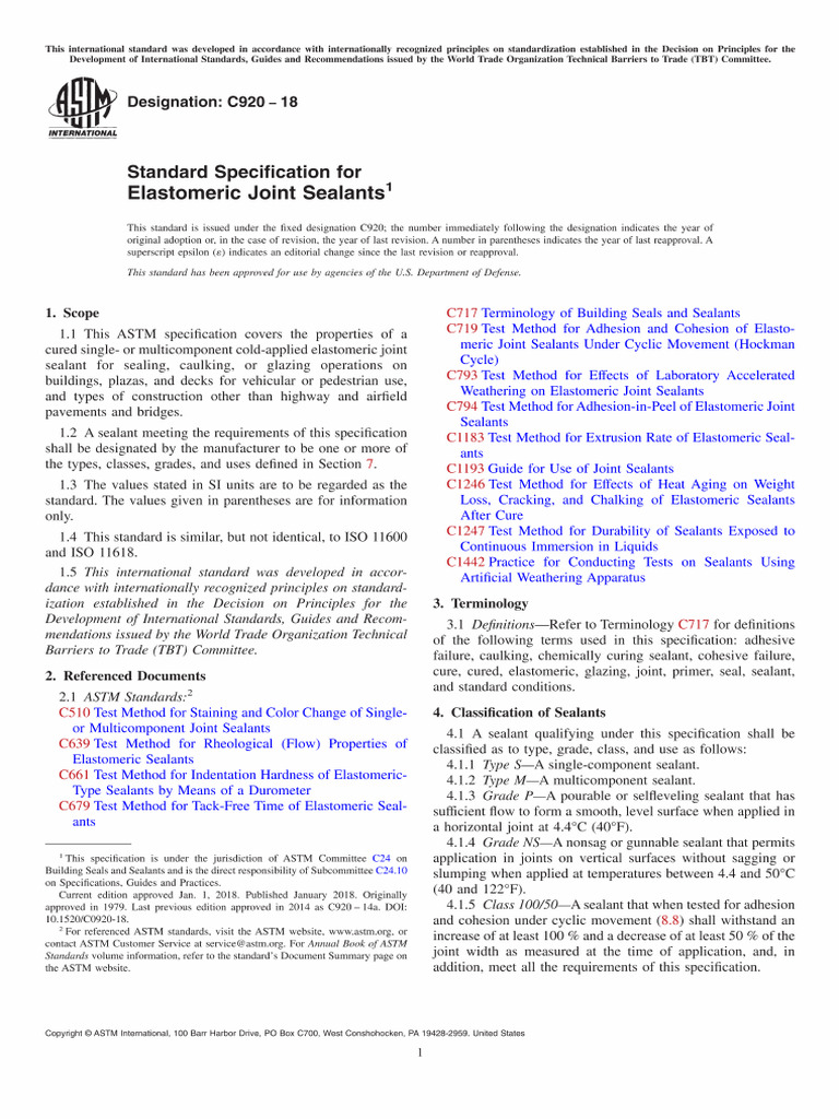 Standard Specification for Elastomeric Joint Sealants | PDF