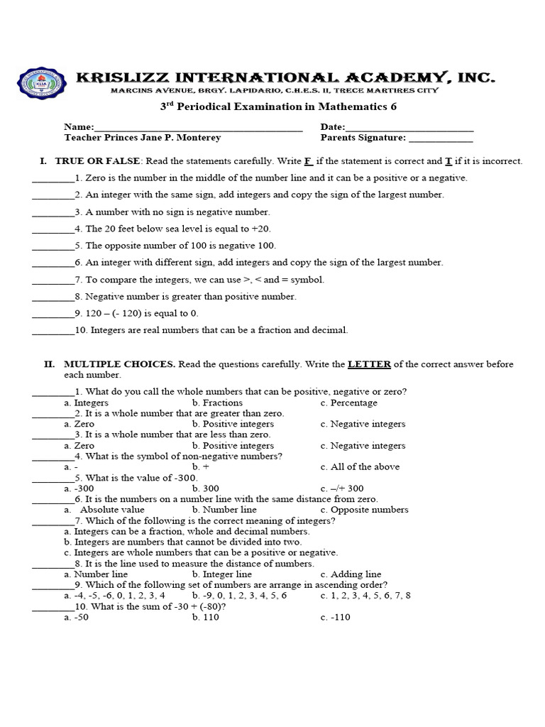 3rd Periodical Examination in Mathematics 6 | PDF | Numbers | Integer