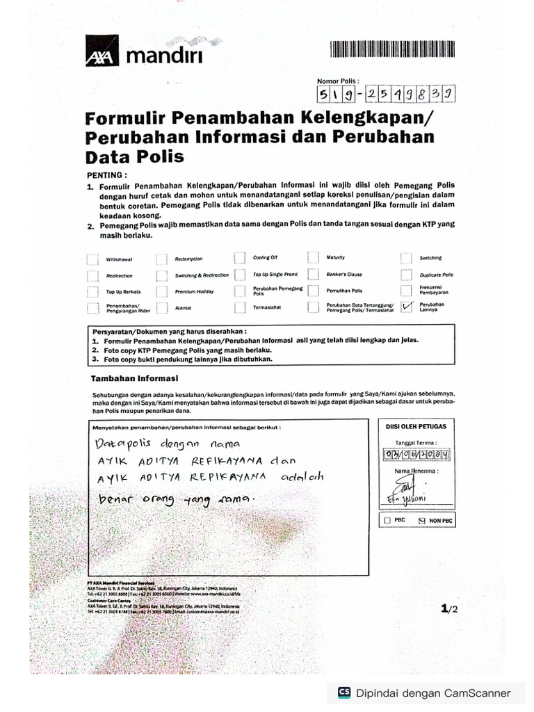 Formulir Penambahan Kelengkapan-Perubahan Informasi Dan Perubahan Data Polis (FP5) | PDF