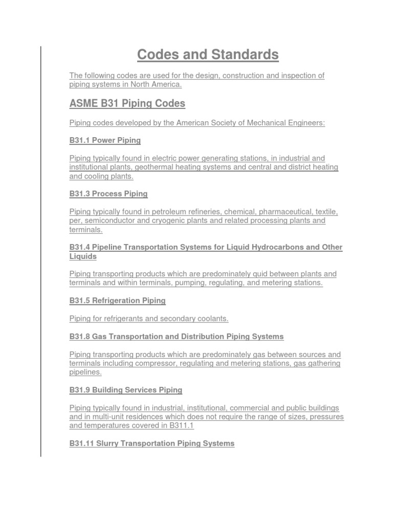 Codes and Standards: ASME B31 Piping Codes | Download Free PDF | Pipe ...