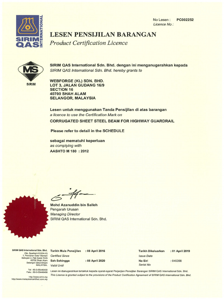 SIRIM CERTIFICATE 2019 | PDF