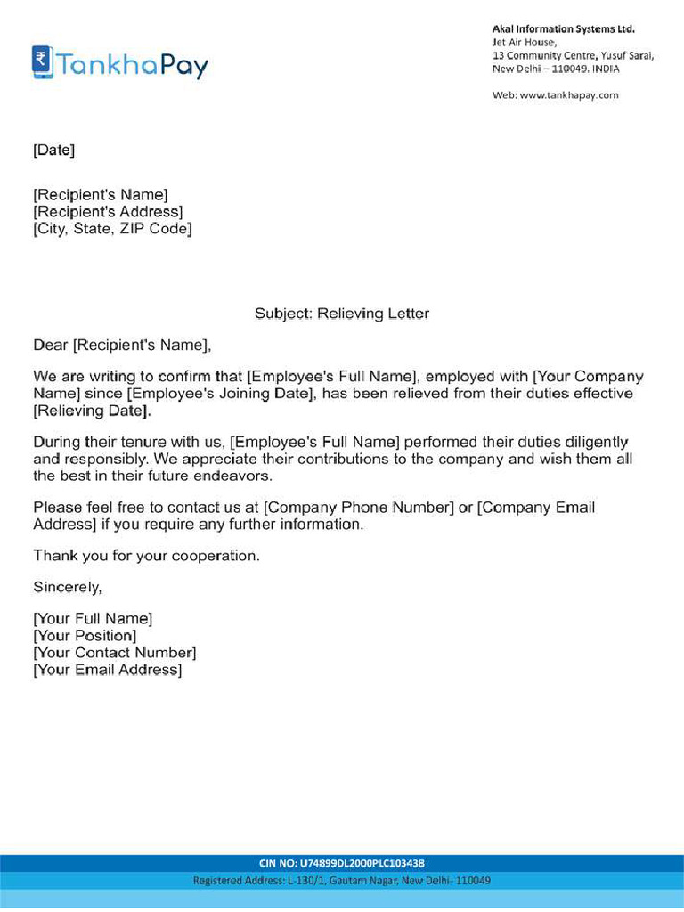 Relieving Letter Format Image | PDF