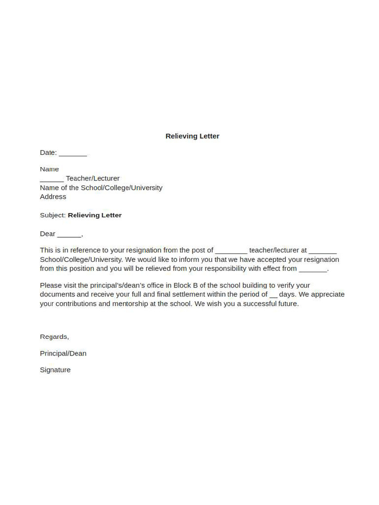 Relieving Letter For School Teacher | PDF