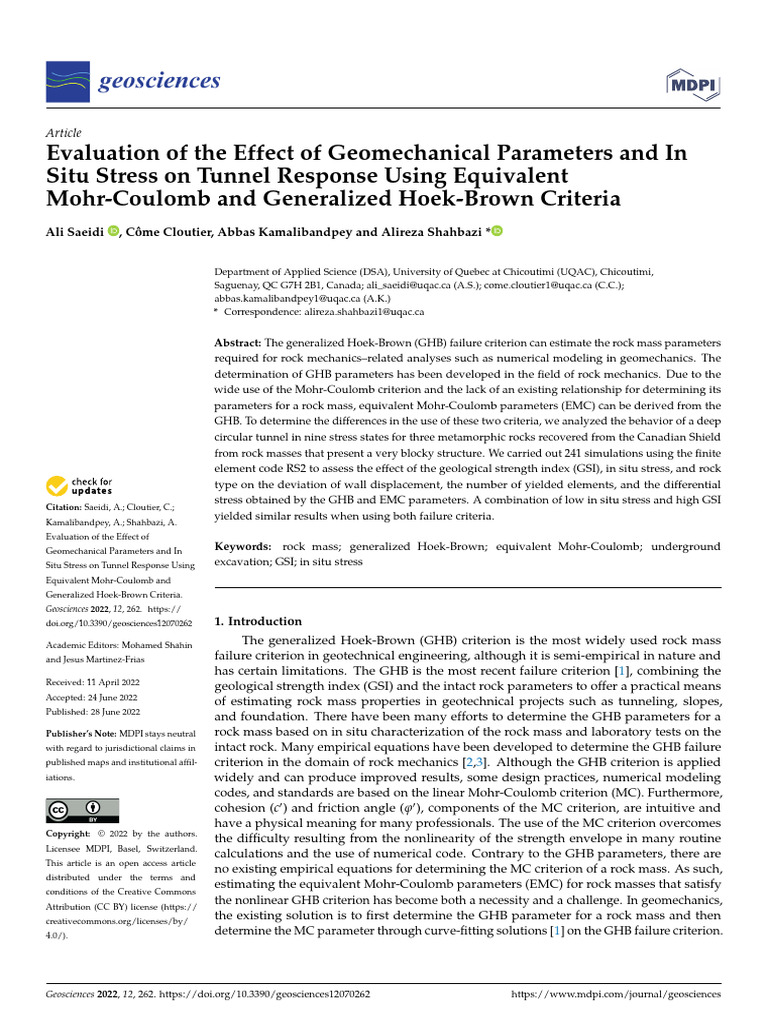 Evaluation of The Effect of Geomechanical Parameters and in Situ Stress On Tunnel Response | PDF ...