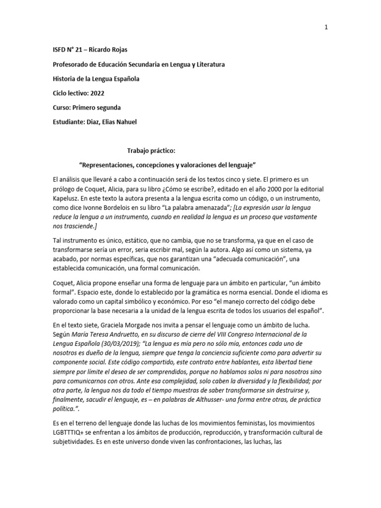 Trabajo Práctico Representaciones Concepciones y Valoraciones Del ...