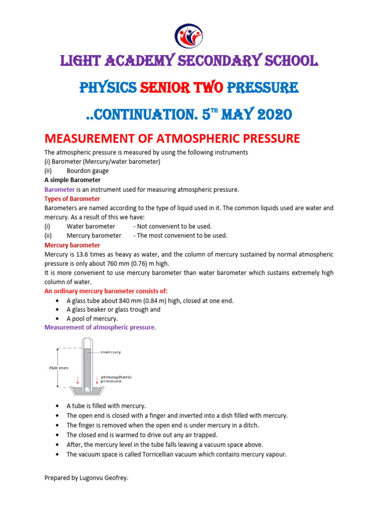 S.2 PHY BY TR. LUGONVU | PDF | Pressure | Pressure Measurement