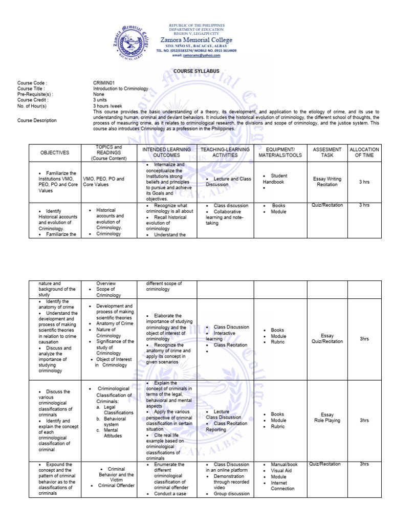 CRIM 1 Introduction to Criminology syllabus | PDF | Criminology | Crimes