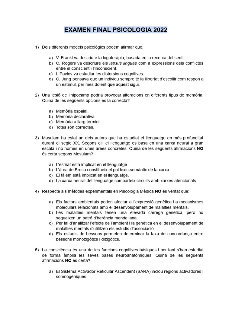 Examen Final Psico 2022 EN BLANC | PDF