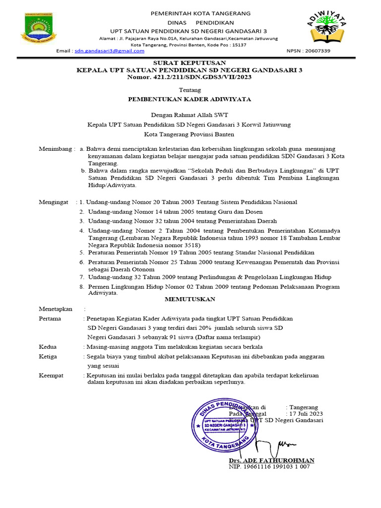 SK Pembentukan - Kader Adiwiyata 2023-1 | PDF