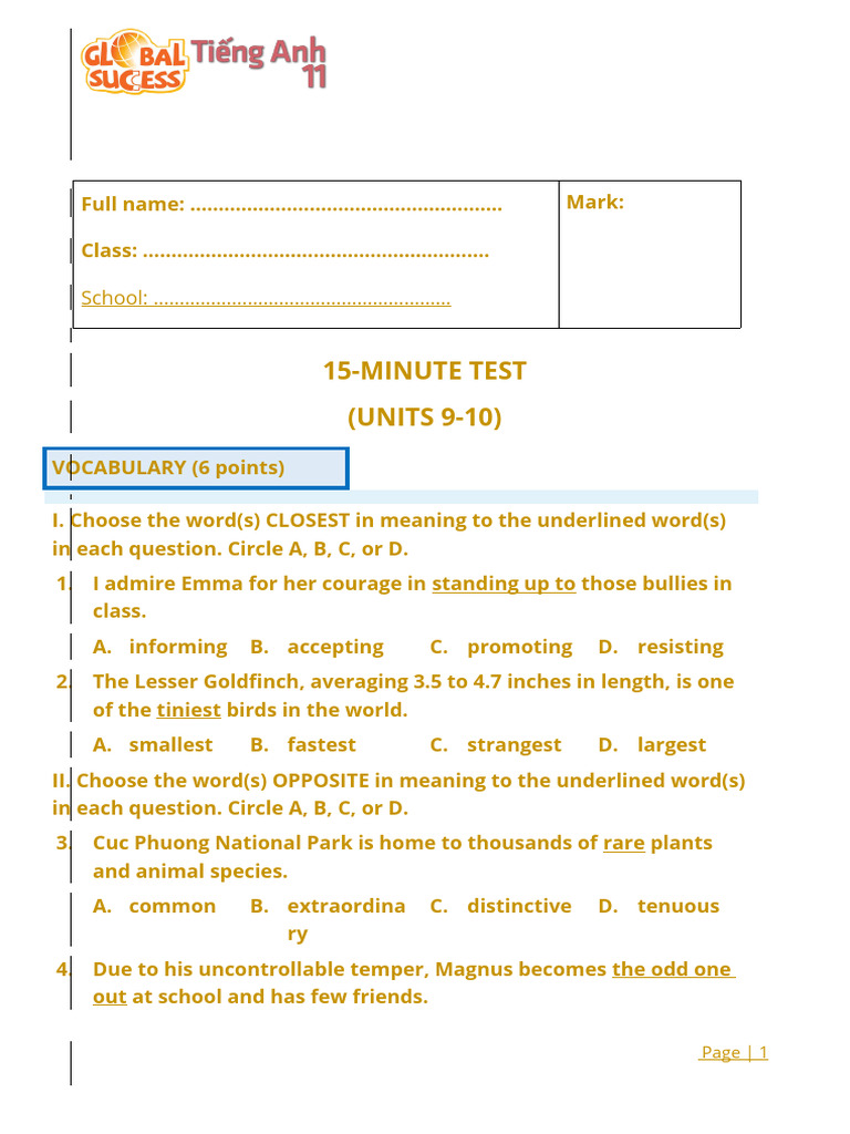 15-Minute Test 4 (Units 9-10) | Download Free PDF | Cyberbullying