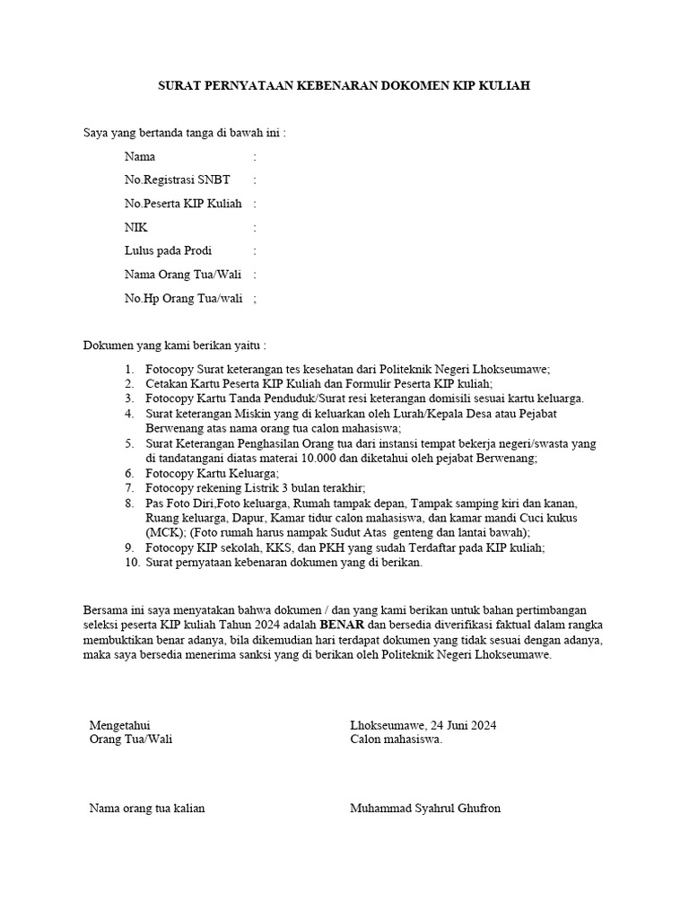 Surat Peryataan Kebenaran Kip | PDF