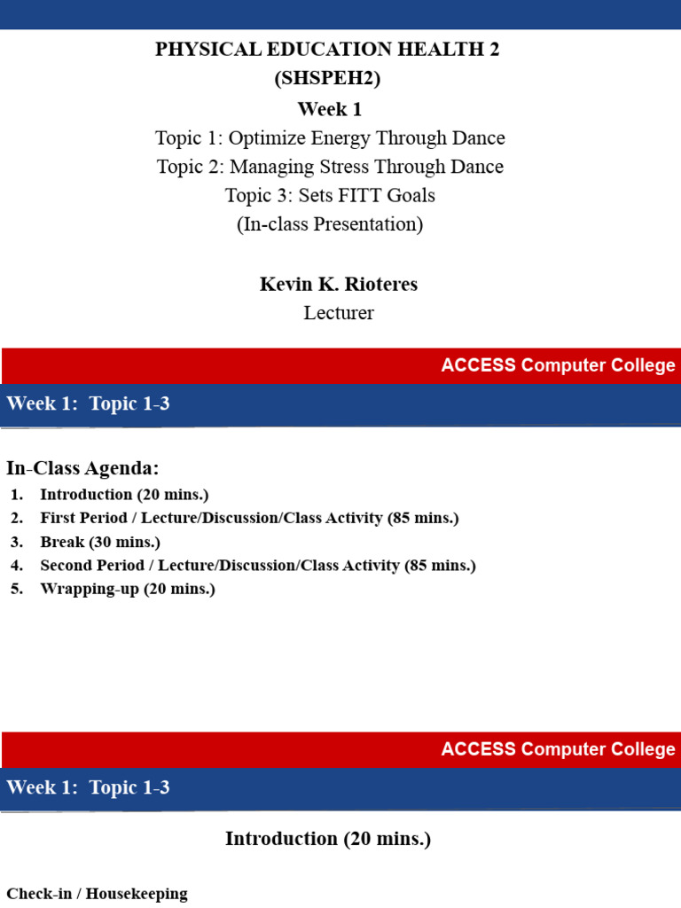 W1 PEH2 - in Class PPT Topic1 Topic3 | PDF | Cellular Respiration | Aerobic Exercise