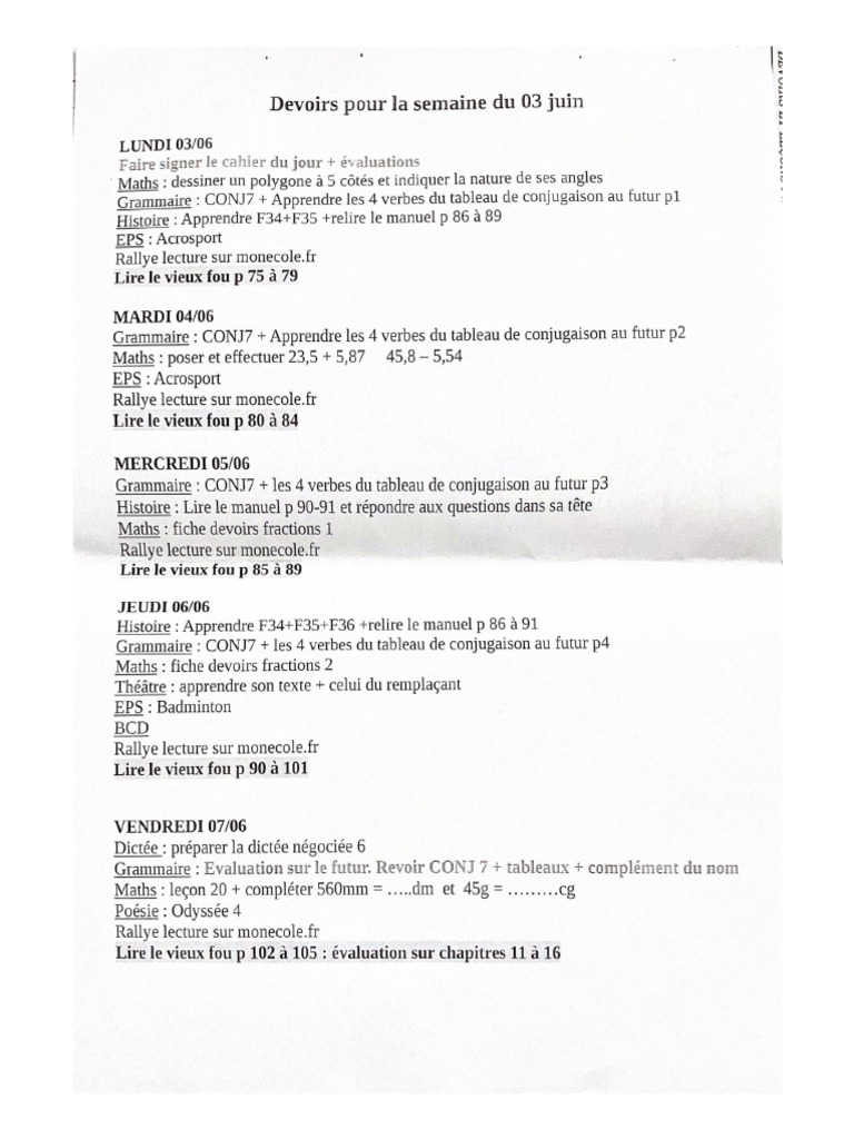 Devoirs Pour La Semaine Du 03 Juin | PDF