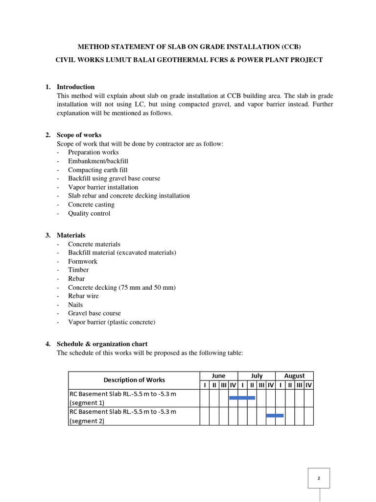 Contoh - Method Statement - Slab On Grade Installation | PDF | Concrete ...