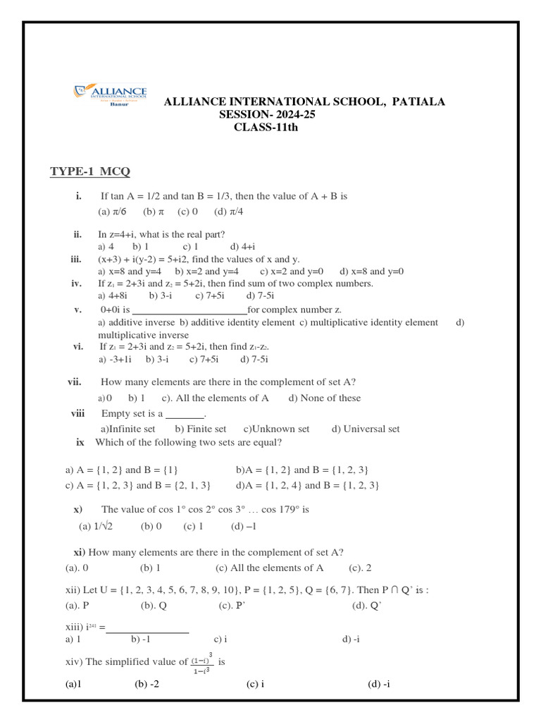Type-1 MCQ: Alliance International School, Patiala SESSION-2024-25 ...