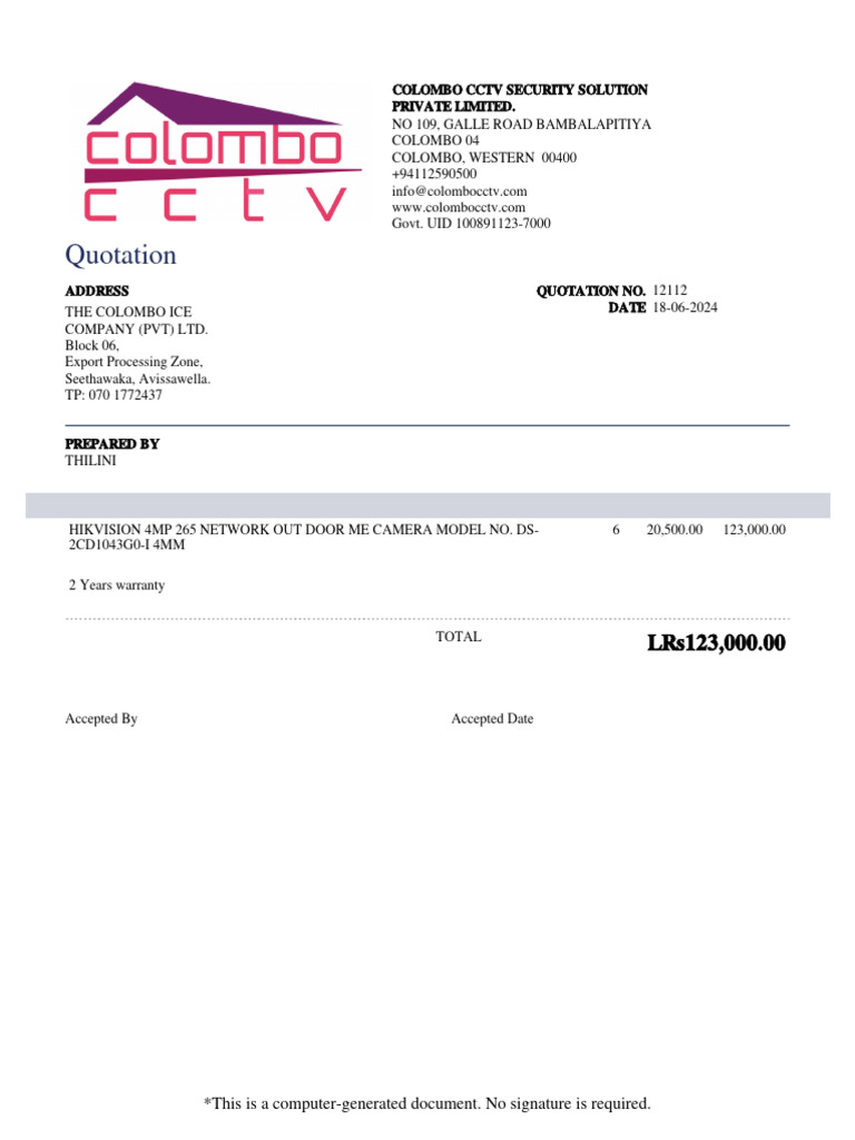 Quotation: Colombo CCTV Security Solution Private Limited | PDF