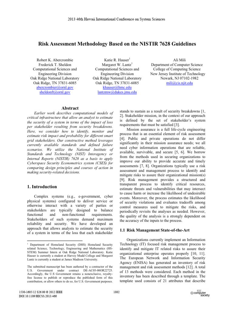Risk Assessment Methodology Based On The NISTIR 7628 Guideline | PDF ...