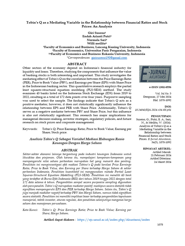 Tobin's Q As A Mediating Variable in The Relationship Between Financial Ratios and Stock Prices ...