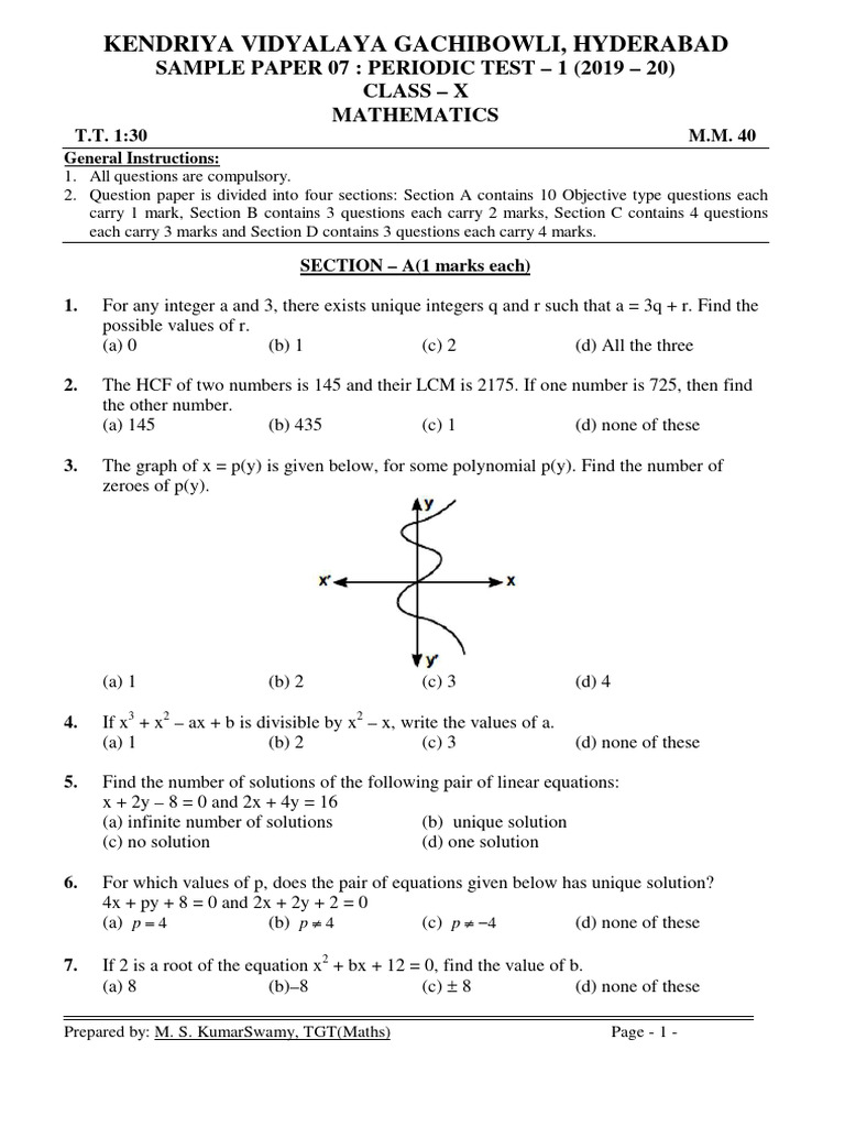 Maths X Periodic Test 1 Sample Paper 07 2019 | PDF | Equations | Zero ...