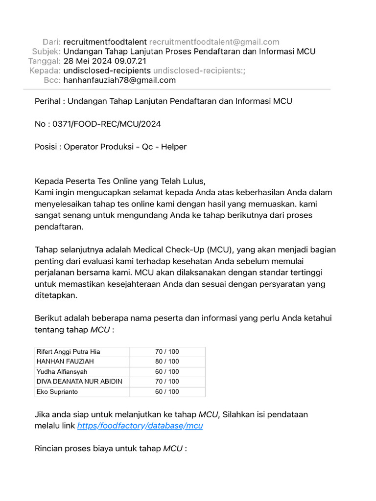 Undangan Tahap Lanjutan Proses Pendaftaran Dan Informasi MCU | PDF | Bisnis