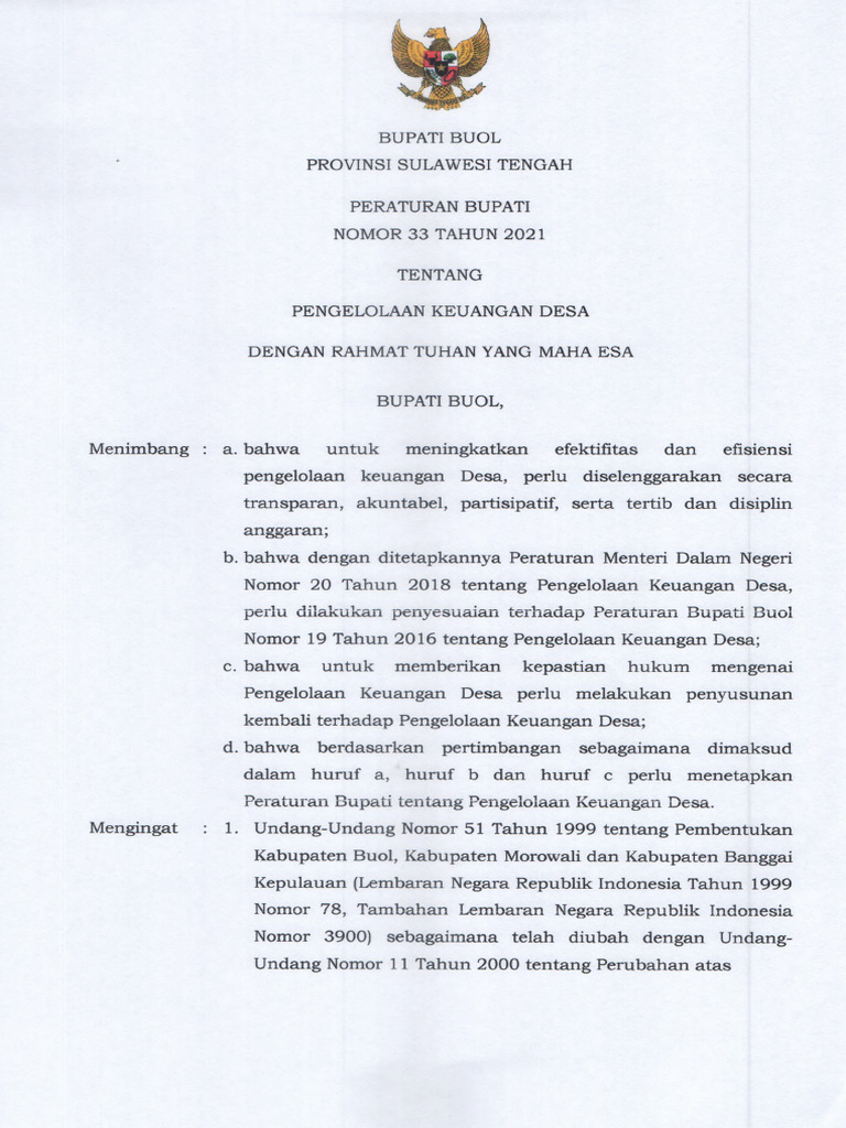 PERBUP NO 33 TAHUN 2021 Tentang Pengelolaan Keuangan Desa | PDF | Pengelolaan Keuangan & Uang